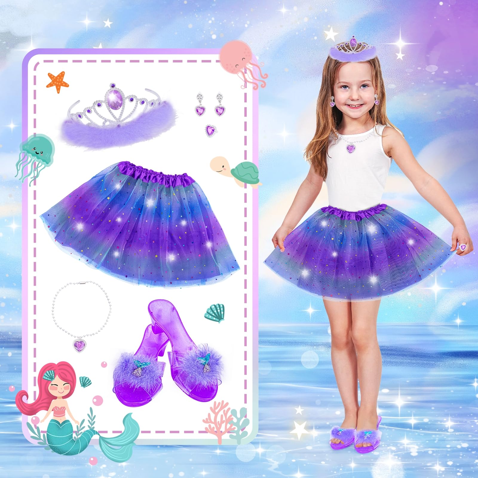 Hohosunlar Princess Dress Up Toys, Girls Dress Up Costumes Set W/ 3 themes of Unicorn Mermaid Ice Skirts, Shoes, Crowns, Purse and Toddler Jewelry Boutique Kit, Pretend Play Gifts for Girls 3-6