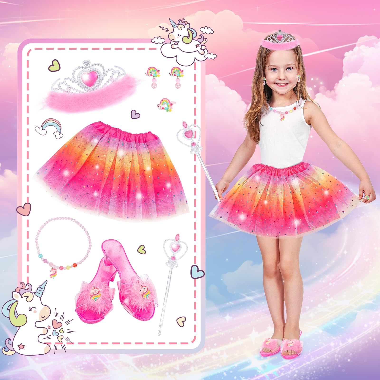 Hohosunlar Princess Dress Up Toys, Girls Dress Up Costumes Set W/ 3 themes of Unicorn Mermaid Ice Skirts, Shoes, Crowns, Purse and Toddler Jewelry Boutique Kit, Pretend Play Gifts for Girls 3-6