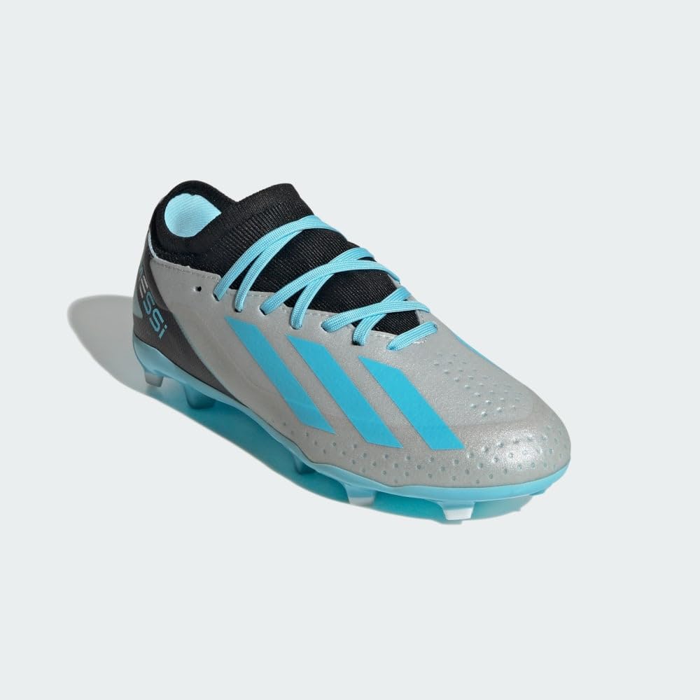 adidas X Crazyfast Messi.3 Firm Ground Sneaker, Silver Metallic/Bliss Blue/Core Black, 6 US Unisex Big Kid