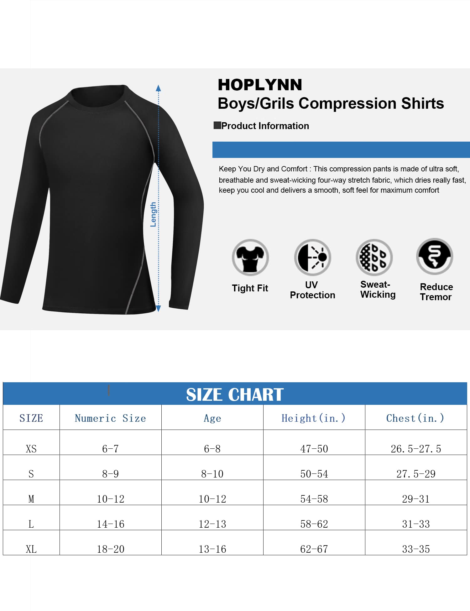 HOPLYNN Youth Boy’s Compression Shirts, Long Sleeve Quick Dry Cold Weather Gear Undershirts for Kid’s Athletic Sports Football Basketball-2 Black 1 Blue 1 White-S