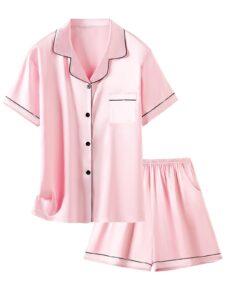 schbbbta pajamas set for girls silk button down pjs satin short sleeve sleepwear 2 piece lounge sets, pink, 11-12 years