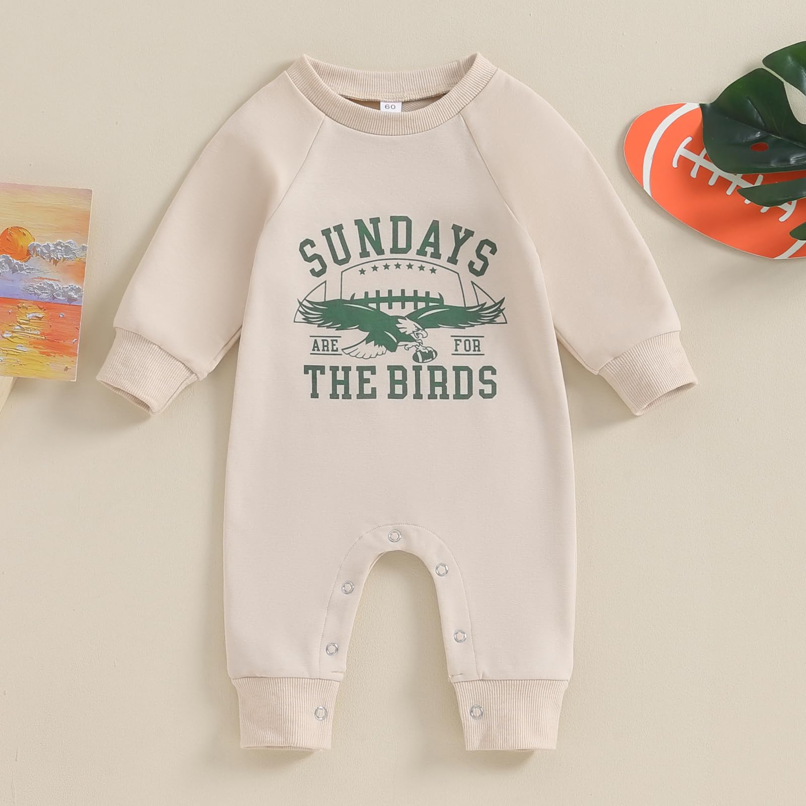 Baby Boys Girls Sundays are for The Birds Eagles Jumpsuit Crew Neck Long Sleeve Romper Fall Newborn Football Outfits (Khaki, 6-12 Months)