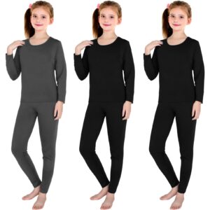 3 set girls thermal underwear soft long underwear winter thermal top and bottom with fleece lined base layer for girls (2 in black, 1 in grey, medium)