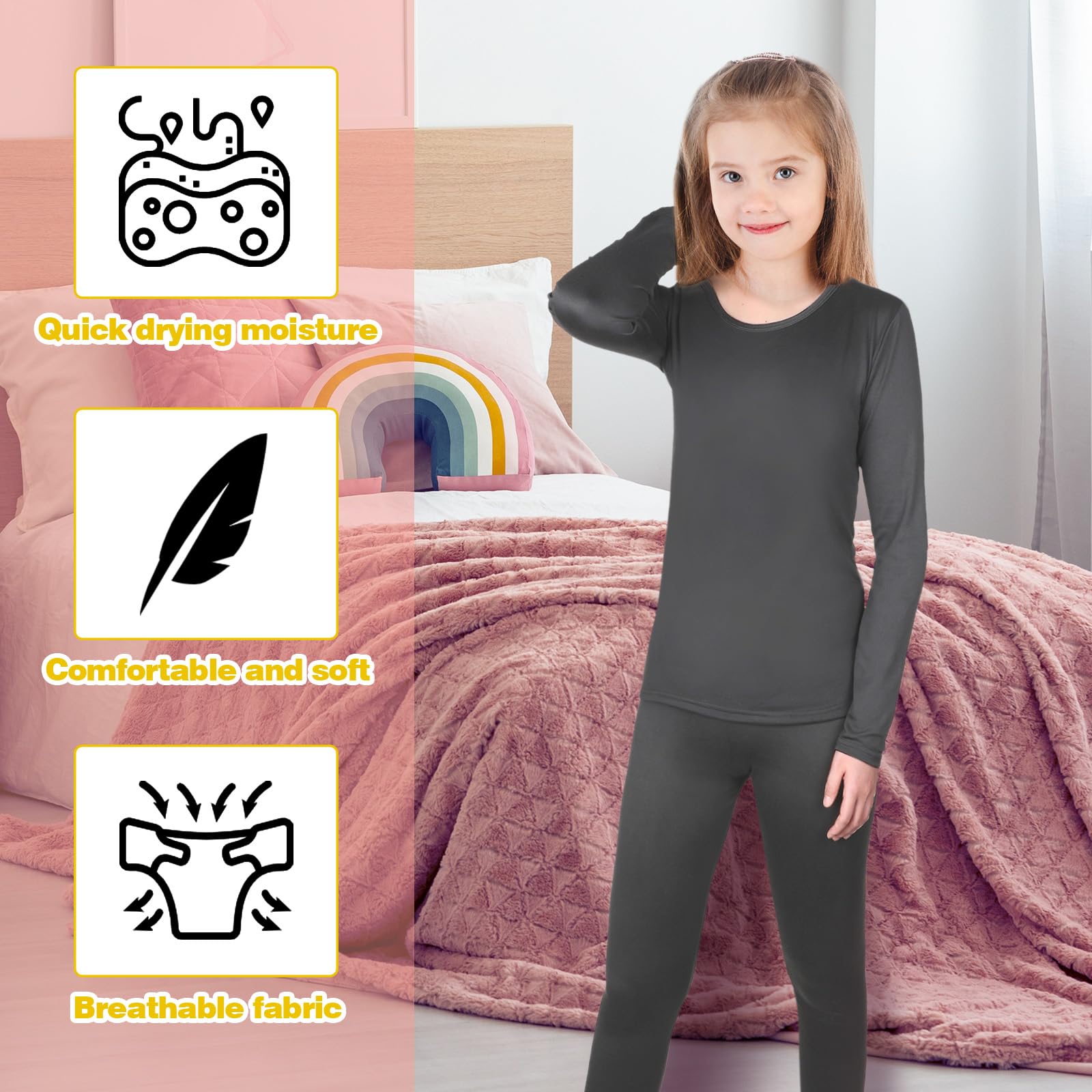 3 Set Girls Thermal Underwear Soft Long Underwear Winter Thermal Top and Bottom with Fleece Lined Base Layer for Girls (2 in Black, 1 in Grey, Medium)