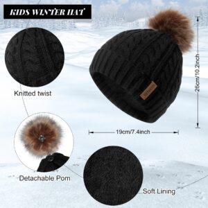 Kids Winter Beanie Hat Scarf Gloves Set Pompom Toddler Warm Knit Cap Mittens Fleece Lined Neck Warmer for Boys Girls,A-Black