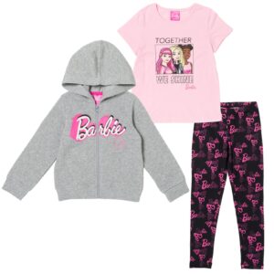 barbie little girls zip up fleece hoodie graphic t-shirt and leggings 3 piece outfit set gray 6