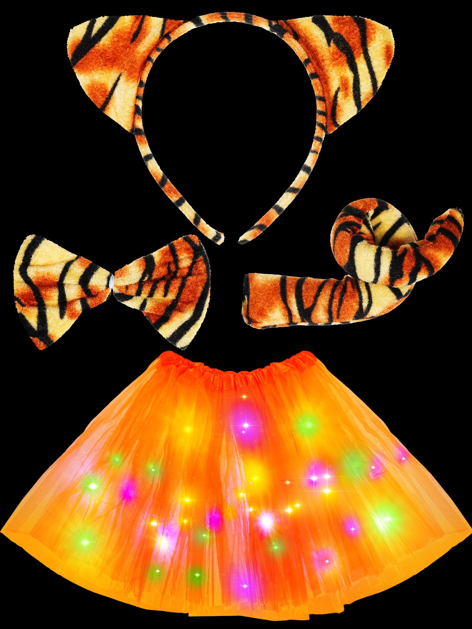 Retisee 4 Pcs Tiger Costume Set Includes Tiger Ears Headband, Tiger Tail, LED Orange Tutu Skirt and Bow Tie for Kids Halloween Cosplay Glow in the Dark Animal Fancy Costume Party