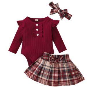 mubineo baby girl christmas clothes plaid outfits long sleeve romper overall skirt dress cute newborn outfit (td wine red plaid, 12-18 months)