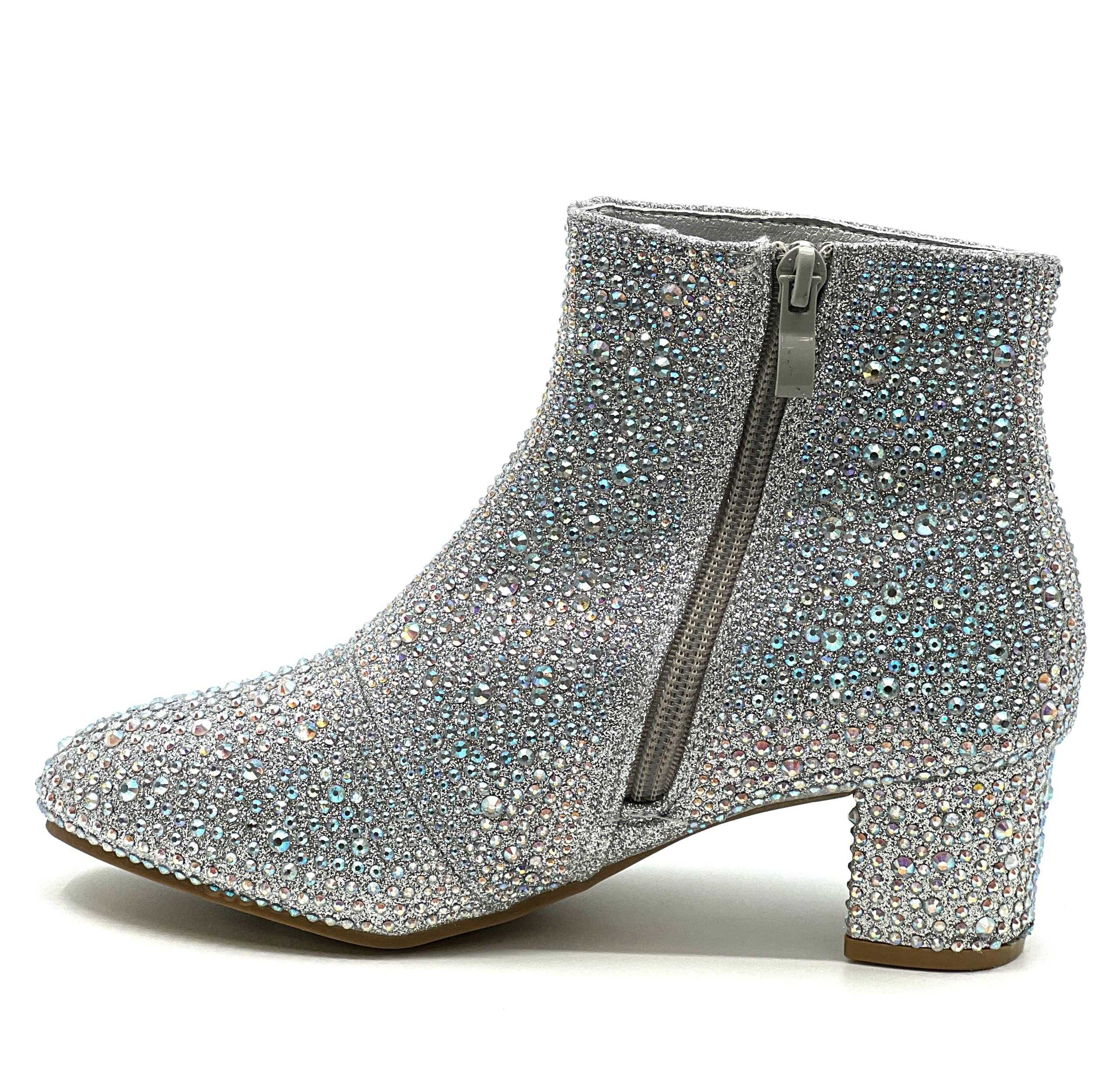 Forever Girls Rhinestone Boots Kids Low Heel Dress Booties Iceberg-12K Shoes Silver Rhinestone 2