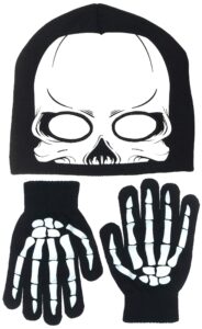 polar wear skeleton knit beanie with eye holes & glove set for halloween costume (black-white)