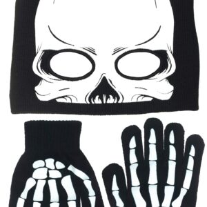 Polar Wear Skeleton Knit Beanie with Eye Holes & Glove Set for Halloween Costume (Black-White)