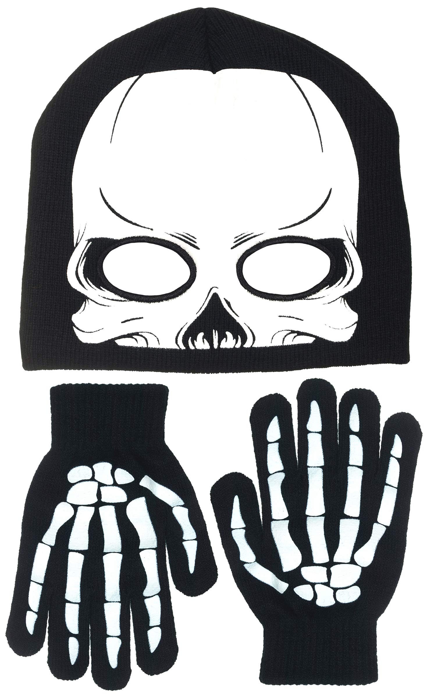 Polar Wear Skeleton Knit Beanie with Eye Holes & Glove Set for Halloween Costume (Black-White)