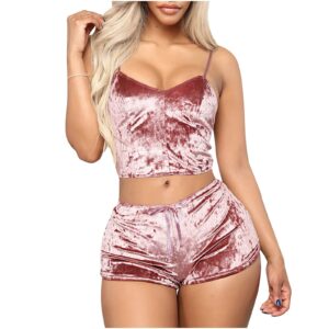 women sexy strappy babydoll lingerie velvet pajama set camisole with shorts set nightwear 2 piece sleepwear, pink, large