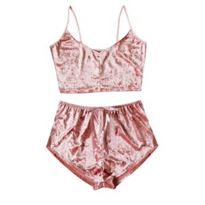 Women Sexy Strappy Babydoll Lingerie Velvet Pajama Set Camisole with Shorts Set Nightwear 2 Piece Sleepwear, Pink, Large