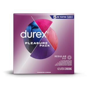 durex pleasure pack assorted condoms, natural rubber latex condoms for men, regular fit, fsa & hsa eligible, 42 count (packaging may vary)