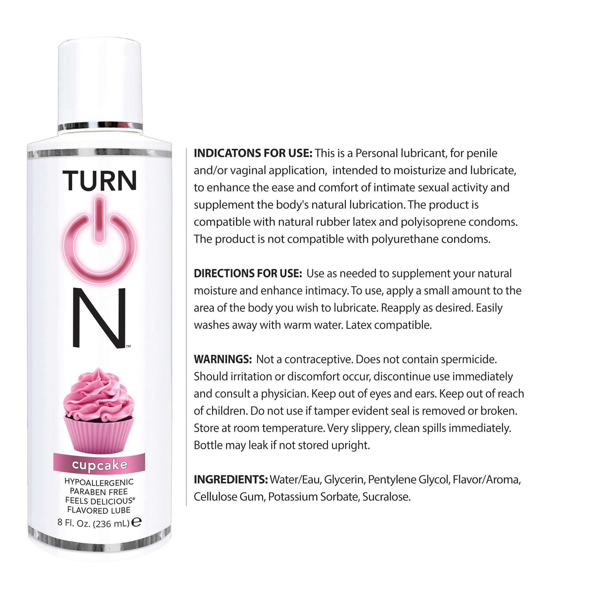 Turn On Cupcake Flavored Sex Lube 8 Ounce Premium Personal Lubricant - Long Lasting, Condom Safe, Vegan, Ph Balanced, Hypoallergenic & Paraben Free, Gel Lube for Men, Women, & Couples