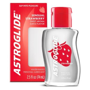 astroglide water based flavored lube (2.5oz), edible strawberry personal lubricant for long-lasting pleasure for men, women and couples, safe for toys, travel-friendly size