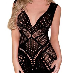 SeaFever Sexy Lingerie for Women Fishnet See Through Bodysuit One Piece V-Neck Mini Dress Intimates Sex Clearance Strapless Mesh Chemise Babydoll (Black)