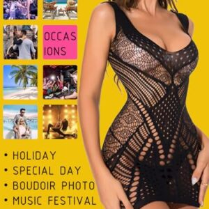 SeaFever Sexy Lingerie for Women Fishnet See Through Bodysuit One Piece V-Neck Mini Dress Intimates Sex Clearance Strapless Mesh Chemise Babydoll (Black)