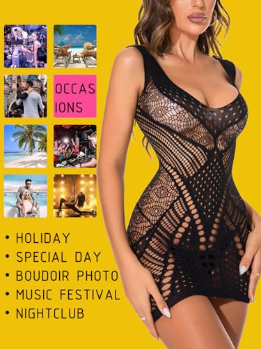 SeaFever Sexy Lingerie for Women Fishnet See Through Bodysuit One Piece V-Neck Mini Dress Intimates Sex Clearance Strapless Mesh Chemise Babydoll (Black)