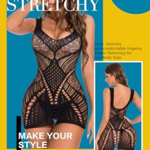 SeaFever Sexy Lingerie for Women Fishnet See Through Bodysuit One Piece V-Neck Mini Dress Intimates Sex Clearance Strapless Mesh Chemise Babydoll (Black)