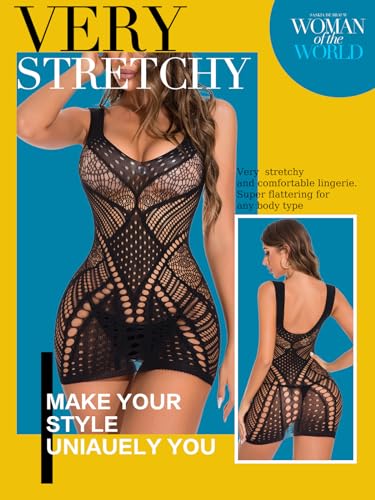 SeaFever Sexy Lingerie for Women Fishnet See Through Bodysuit One Piece V-Neck Mini Dress Intimates Sex Clearance Strapless Mesh Chemise Babydoll (Black)