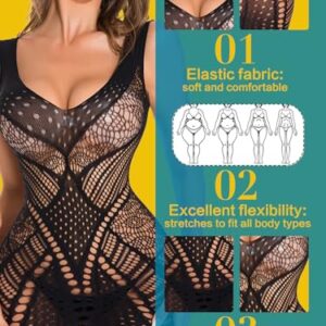 SeaFever Sexy Lingerie for Women Fishnet See Through Bodysuit One Piece V-Neck Mini Dress Intimates Sex Clearance Strapless Mesh Chemise Babydoll (Black)