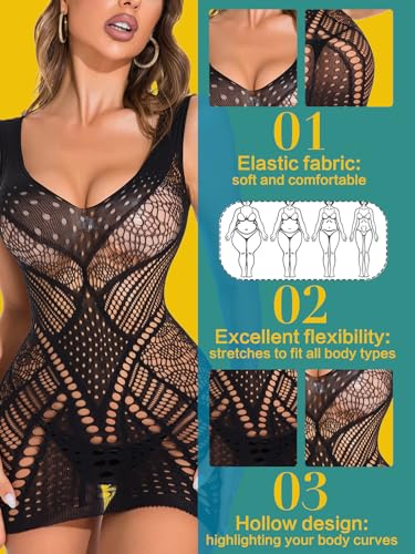 SeaFever Sexy Lingerie for Women Fishnet See Through Bodysuit One Piece V-Neck Mini Dress Intimates Sex Clearance Strapless Mesh Chemise Babydoll (Black)