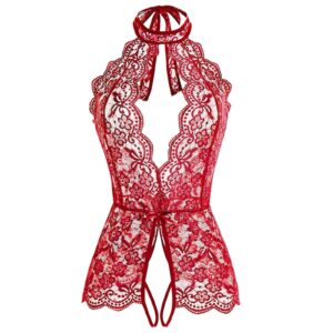 OutTop Sexy Lingerie for Women, Lace Halter Bodysuit Teddy Baby Doll Nightwear Outfit Set Deep V Neck Chemise Sleepwear (M, Red)