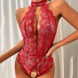 OutTop Sexy Lingerie for Women, Lace Halter Bodysuit Teddy Baby Doll Nightwear Outfit Set Deep V Neck Chemise Sleepwear (M, Red)