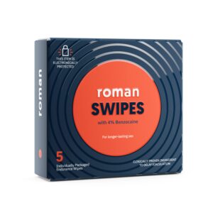 roman swipes | fast-acting, convenient, over-the-counter wipes increase stamina, formulated with 4% benzocaine, features discreet packaging | 5-pack