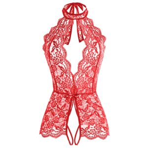 OutTop Sexy Lingerie for Women 1 Piece Halter Hollow Out Floral Lace Bodysuit Lingerie Deep V Teddy Babydoll Underwear (S, Red)