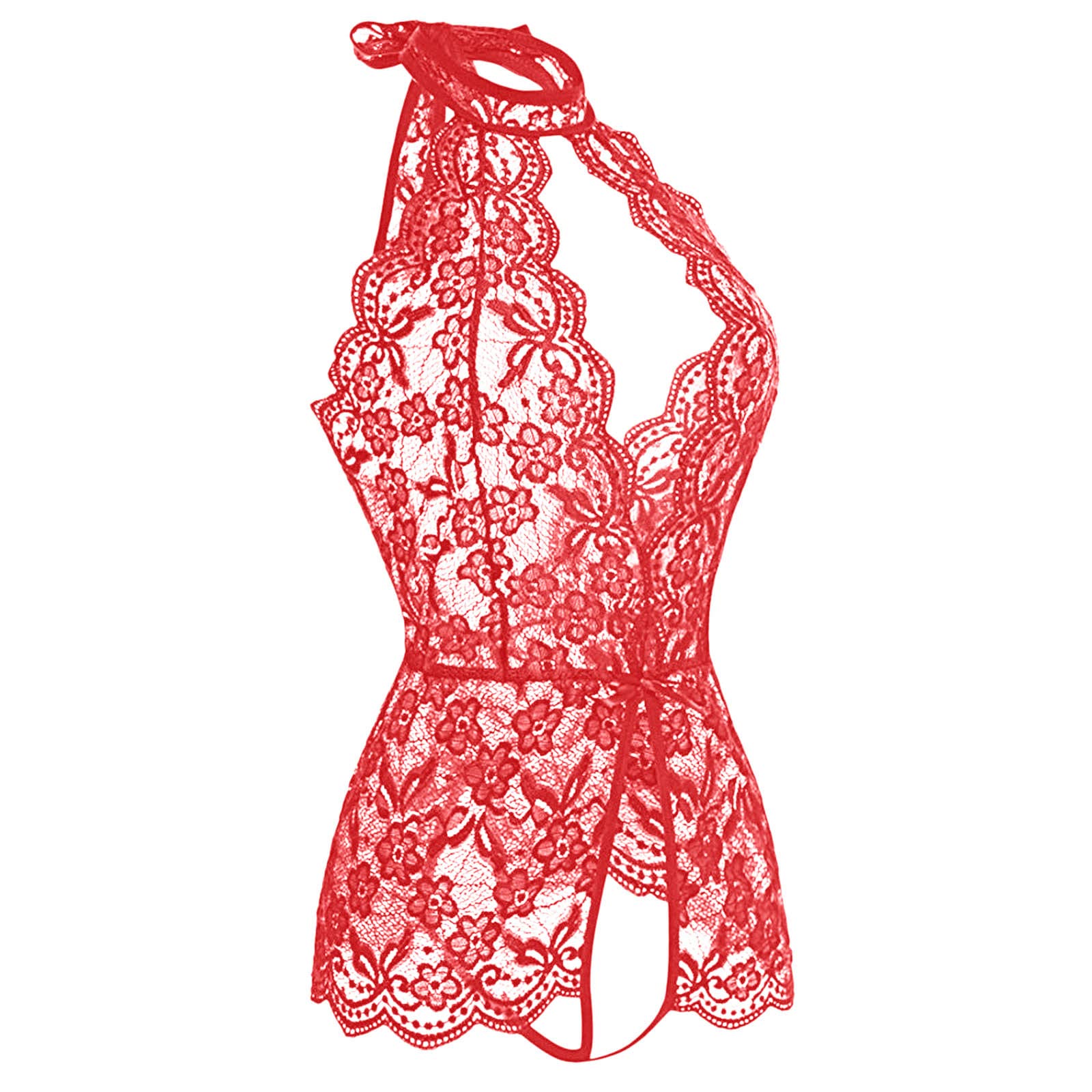 OutTop Sexy Lingerie for Women 1 Piece Halter Hollow Out Floral Lace Bodysuit Lingerie Deep V Teddy Babydoll Underwear (S, Red)