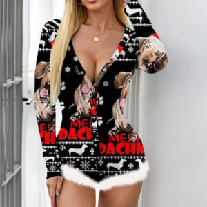 MEOILCE Women’s Christmas Bodysuit Lingerie for Sex Naughty Print Fuzzy Trim Teddy Babydoll Sexy Backless Exotic Pajamas(Black,M)