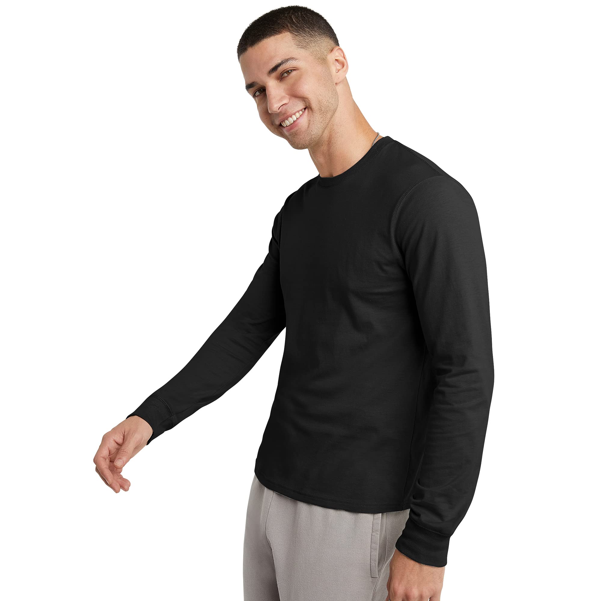 Hanes Size Originals Long Sleeve Cotton T-Shirt, Classic Crewneck Tee for Men, Available in Tall, Black, 2XT