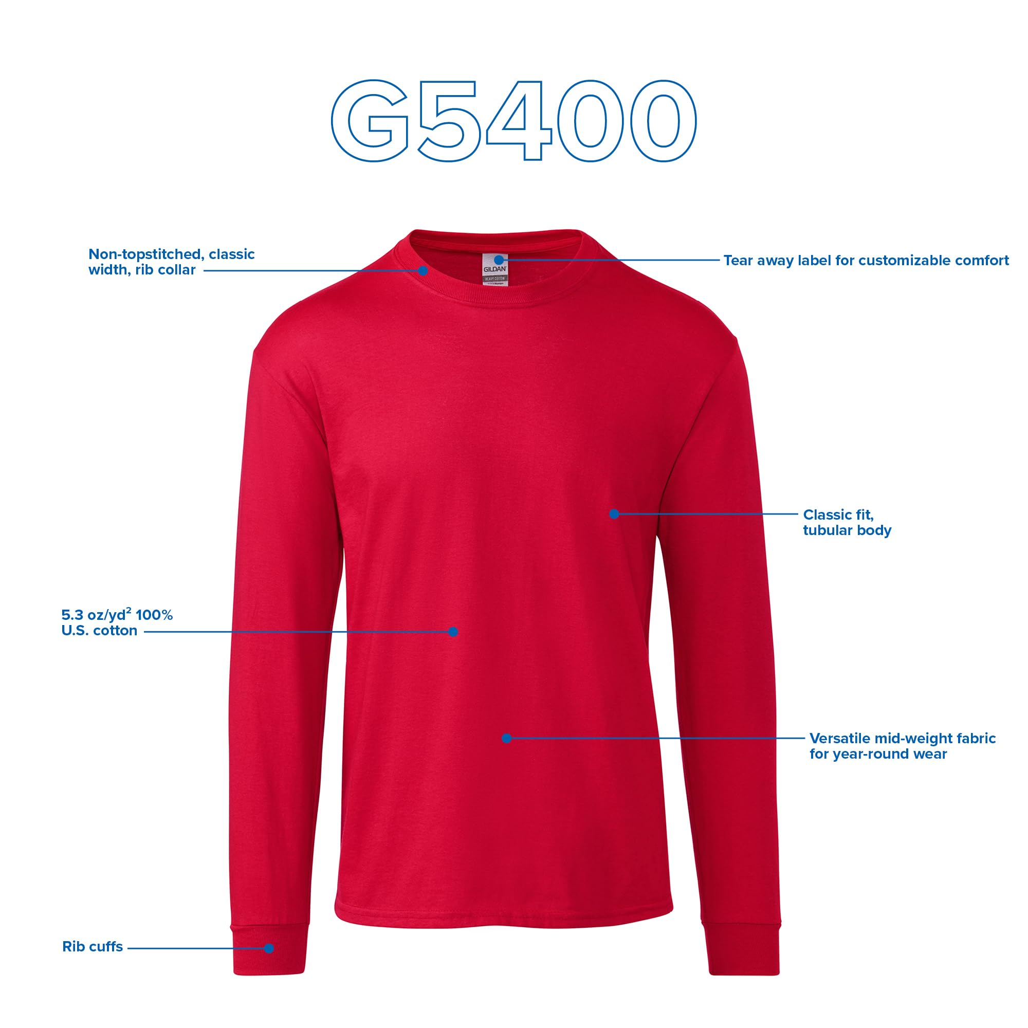 Gildan Heavy Cotton Long Sleeve T-Shirt, Style G5400, 2-Pack, Red, X-Large