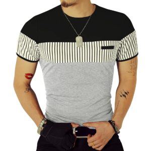 LOGEEYAR Men's Strip Casual Slim fit Cotton T-Shirt Short Sleeve Crewneck Tee Shirts for Boy Grey