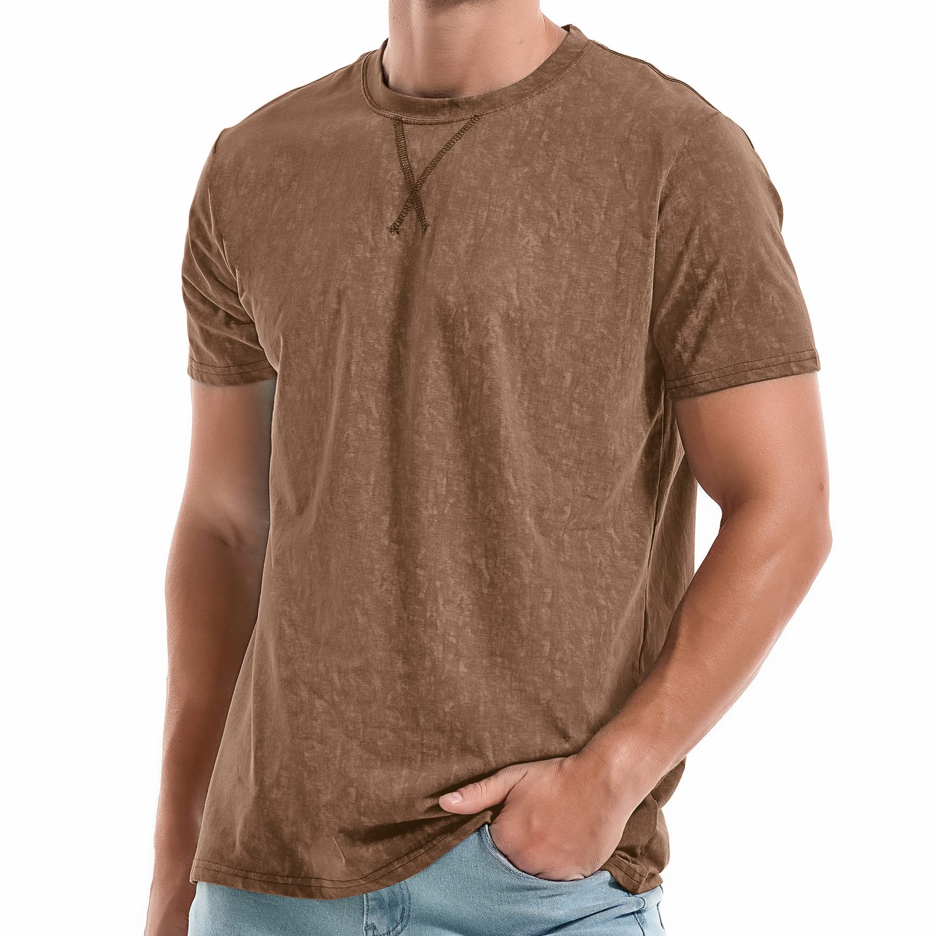 KLIEGOU Men's T-Shirts - Elasticity Cotton Crew Neck Tees 2166 Khaki XXXL