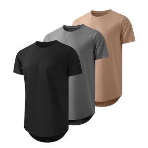 JMIERR Men's 3 Pack Cotton Hipster Hip Hop Longline Crewneck T-Shirt, Short Sleeve Gym Workout Athletic T Shirts for men Pack,S, Black/Dark Grey/Khaki