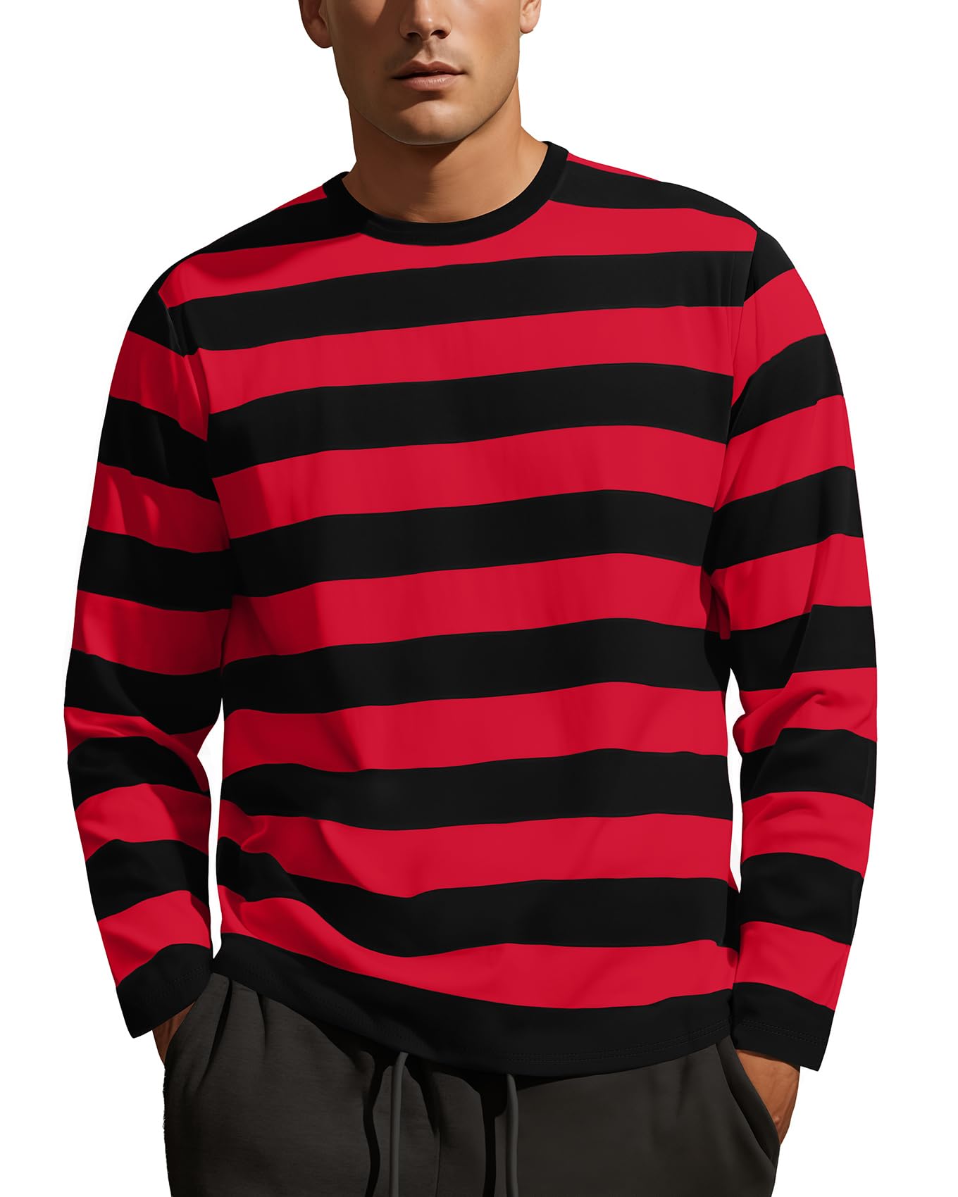 Zengjo Striped Shirt Long Sleeve(Red and Black,XXL)