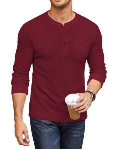 coofandy men's henley shirts long sleeve basic waffle pique pullover t-shirt with pocket christmas sweater red