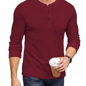 COOFANDY Men's Henley Shirts Long Sleeve Basic Waffle Pique Pullover T-Shirt with Pocket Christmas Sweater Red