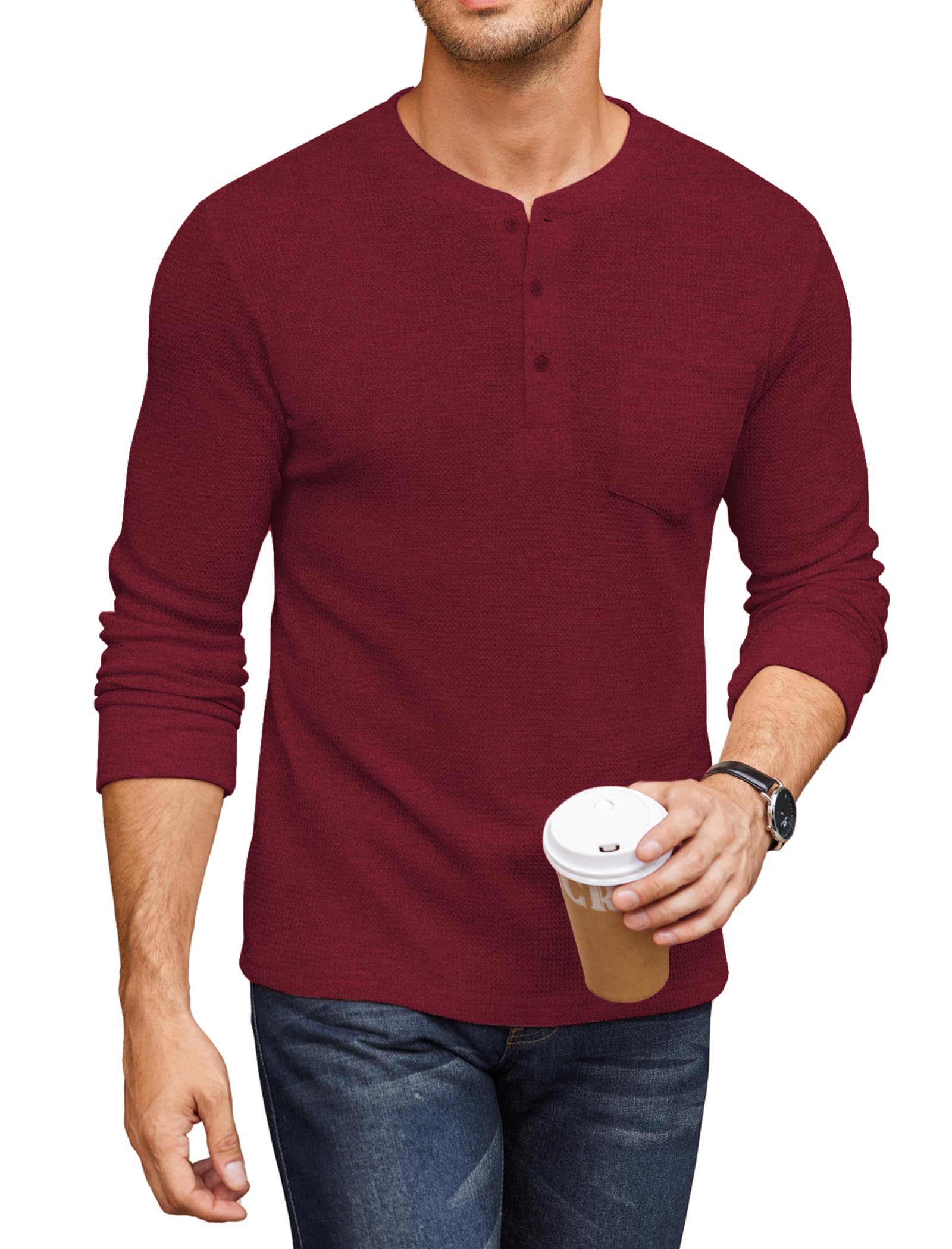 COOFANDY Men's Henley Shirts Long Sleeve Basic Waffle Pique Pullover T-Shirt with Pocket Christmas Sweater Red