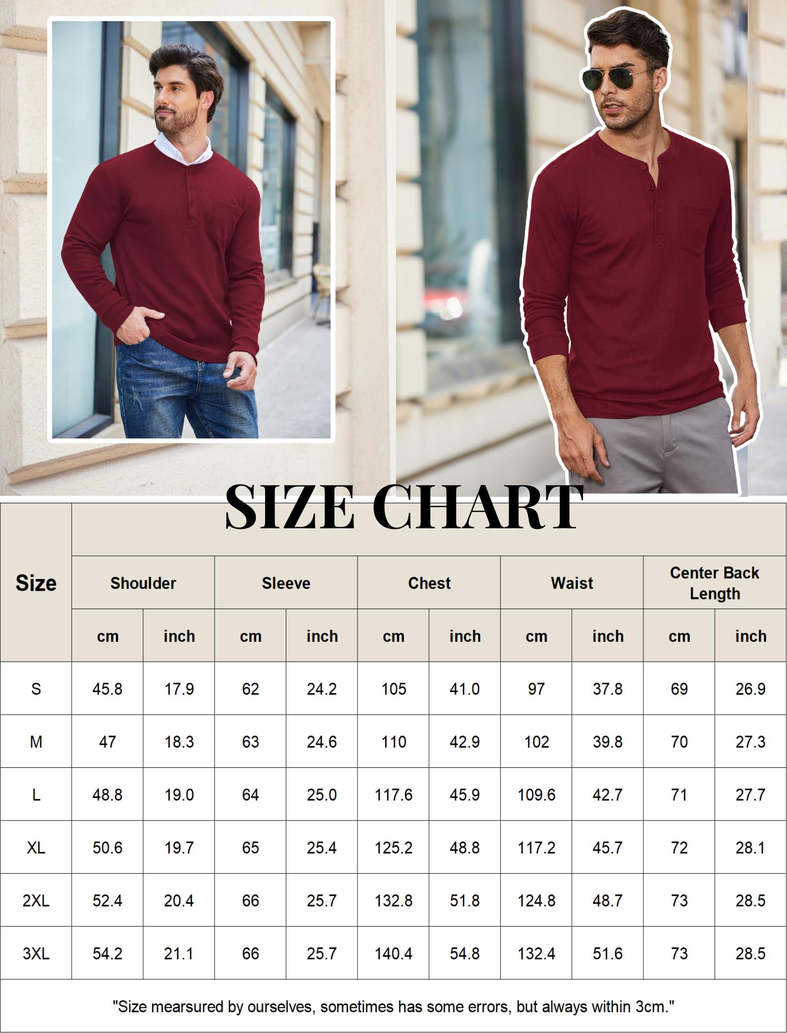 COOFANDY Men's Henley Shirts Long Sleeve Basic Waffle Pique Pullover T-Shirt with Pocket Christmas Sweater Red