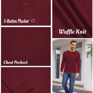 COOFANDY Men's Henley Shirts Long Sleeve Basic Waffle Pique Pullover T-Shirt with Pocket Christmas Sweater Red