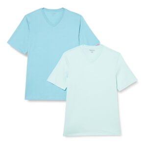 Amazon Essentials Men's Regular-Fit Short-Sleeve V-Neck T-Shirt (Available in Big & Tall), Pack of 2, Aqua Blue/Light Blue, Medium