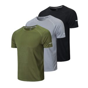 frueo men's 3 pack running shirts dry fit moisture wicking short sleeve mesh workout training t-shirts,black gray green,xl