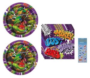 tmnt teenage mutant ninja turtles birthday party supplies bundle includes 16 lunch paper plates, 16 lunch paper napkins, 1 dinosaur sticker sheet