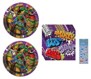 tmnt teenage mutant ninja turtles birthday party supplies bundle includes 16 dessert cake plates, 16 napkins, 1 dinosaur sticker sheet