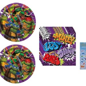 TMNT Teenage Mutant Ninja Turtles Birthday Party Supplies Bundle includes 16 Dessert Cake Plates, 16 Napkins, 1 Dinosaur Sticker Sheet